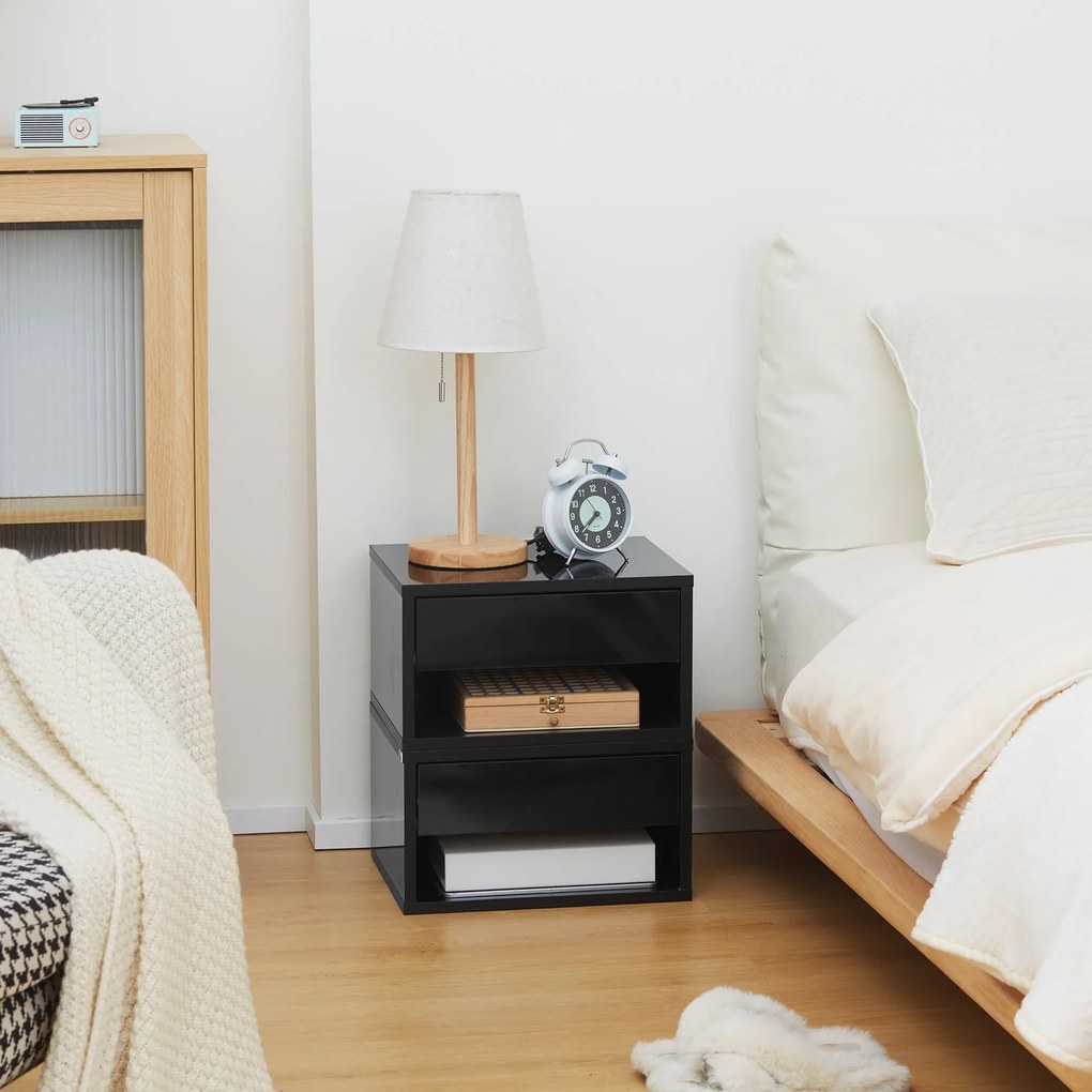 HOMCOM Sada 2 nástěnných nočních stolků - výsuvná zásuvka, niche, deska stolu - rozměry 37D x 32Š x 21V cm černá | Aosom