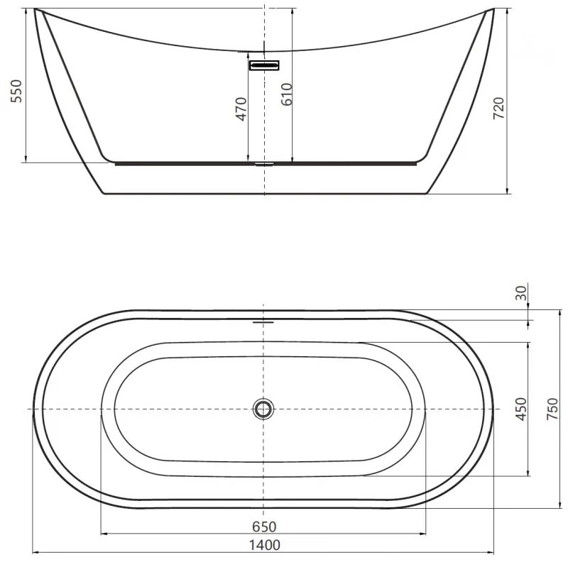 Mexen Lotos, volně stojící vana 140 x 75 cm, bílá/černá, zlatý matný přepad, 52051407775-55