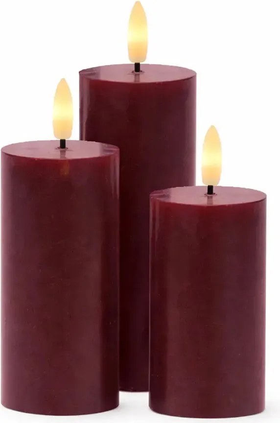 LED svíčky z pravého vosku dobíjecí Bordeaux, sada 3 ks, výška 10/12,5/15cm, ø 5 cm, vínová, bez stanice