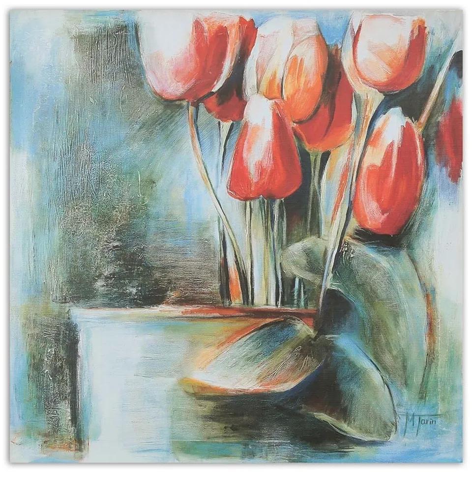 Obraz na plátně Váza s červenými tulipány - 40x40 cm