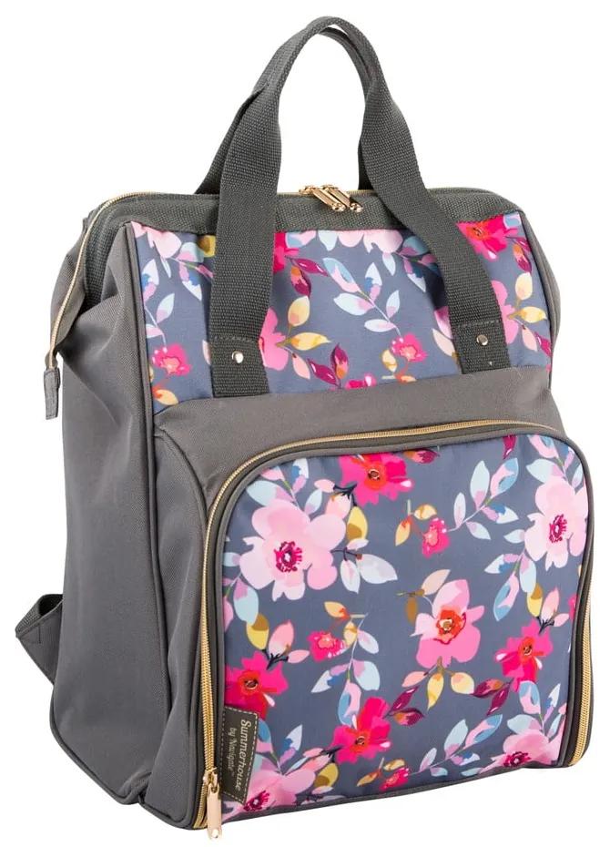 Šedý květovaný chladící batoh s piknikovým vybavením pro 2 osoby Navigate  Grey Floral, 15 l | BIANO