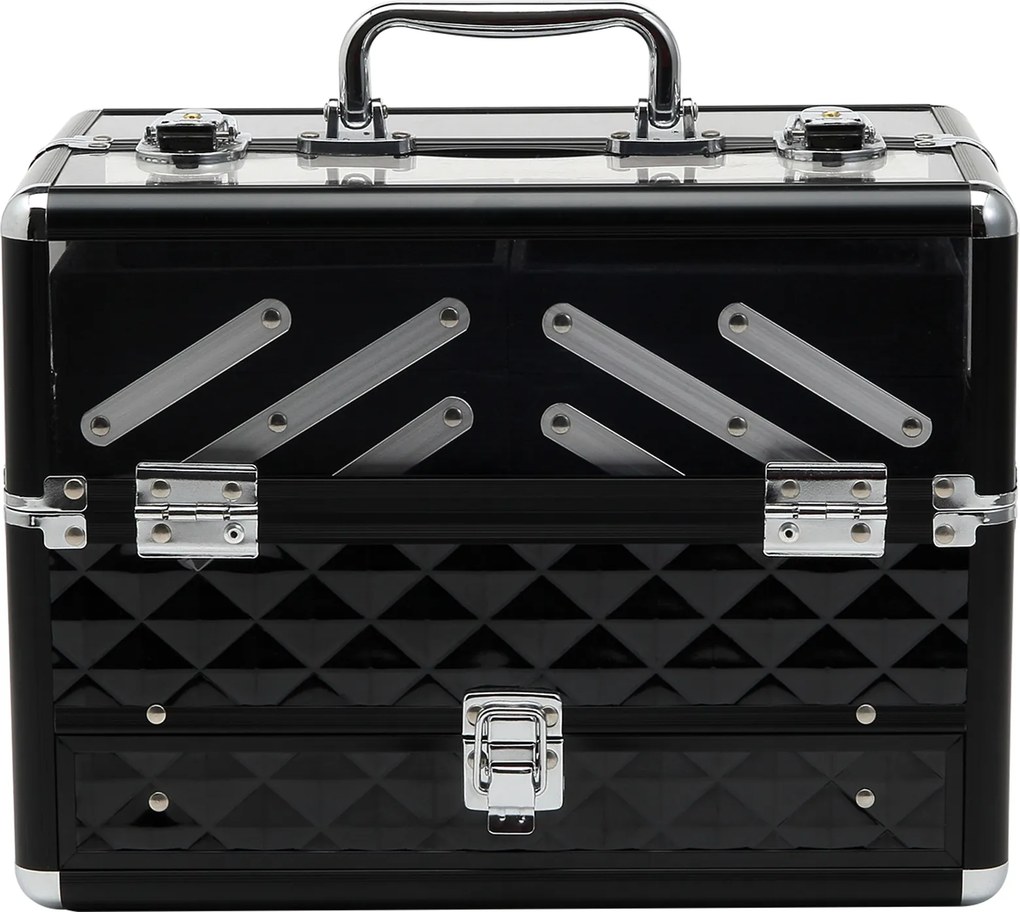 HOMCOM Organizér na make-up a šperky, přenosný, víceúrovňový s rukojetí a skládacími přihrádkami, hliníková slitina, 30x18,5x22 cm, průhledný a černý