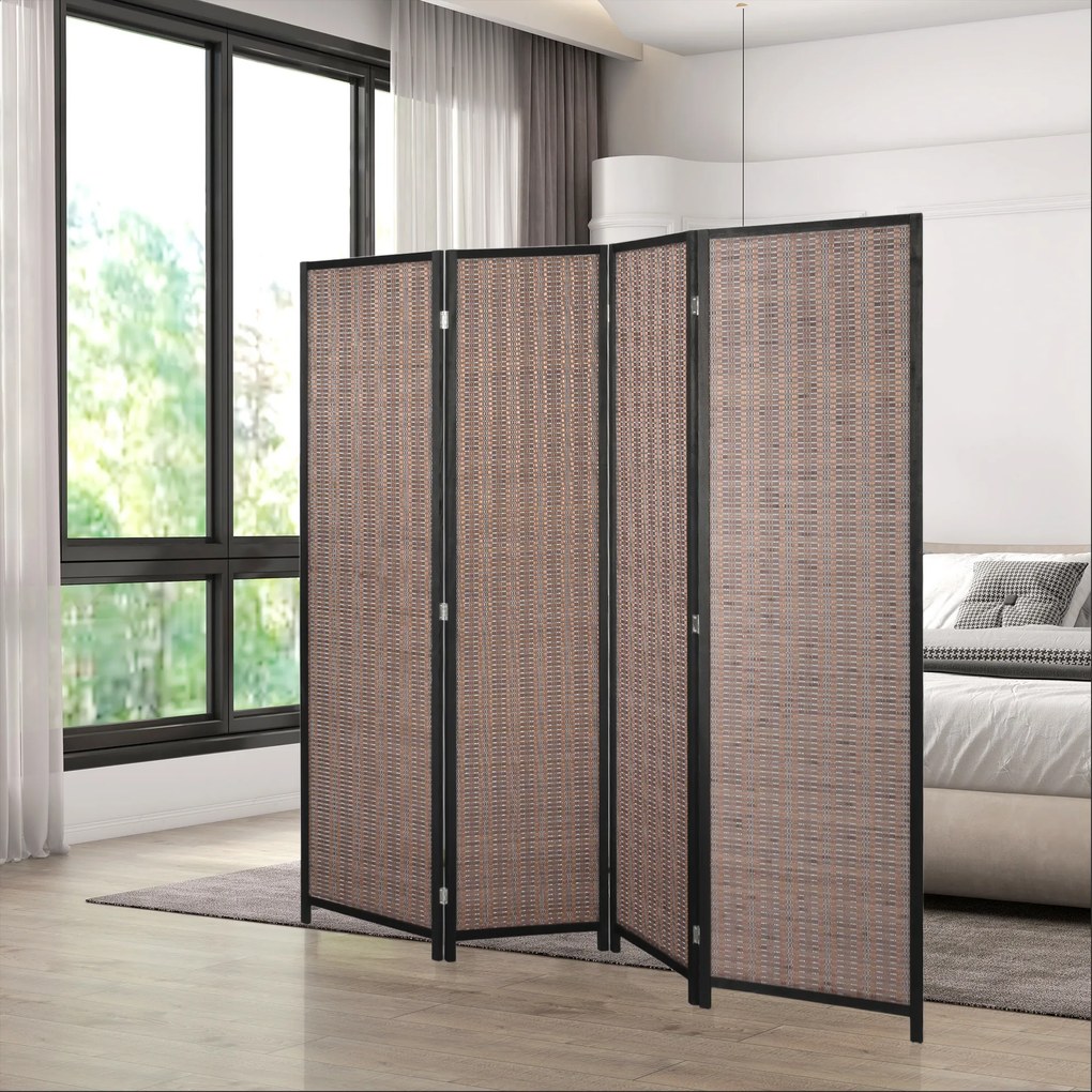 HOMCOM Dřevěný 4-panelový Předěl do Interiéru 180 x 180 cm Skládací Izolační Příčka pro Obývací Pokoj a Ložnici, Hnědá
