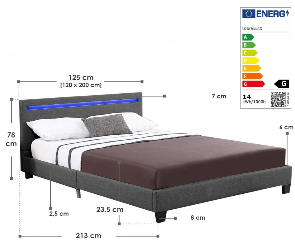 Goleto Čalouněná postel Verona 120 x 200 cm s LED osvětlením | tmavě šedá