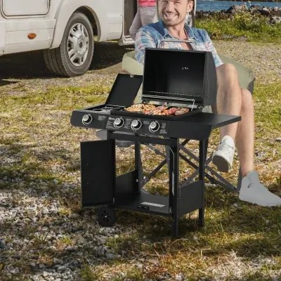 Outsunny plynový gril s 3 hlavními hořáky + 1 bočním hořákem, odkládací plocha, nerezová ocel, černý, 110 x 50 x 100 cm