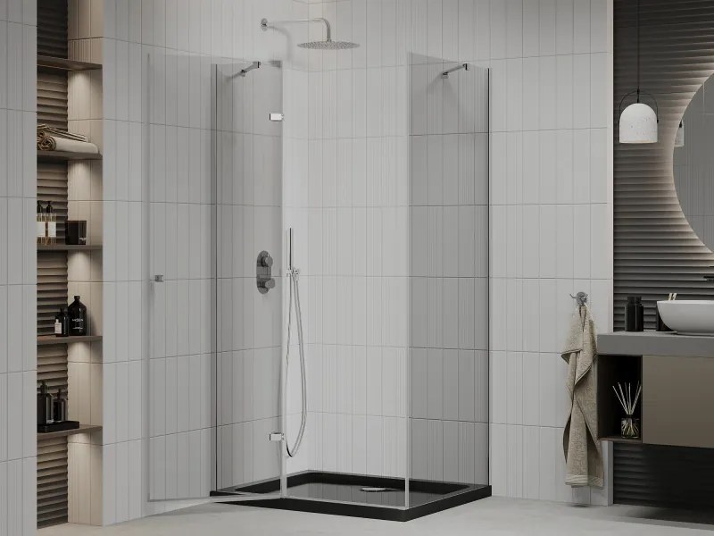Mexen Roma, sprchový kout s křídlovými dveřmi 90 (dveře) x 120 (stěna) cm, 6mm čiré sklo, chromový profil + slim sprchová vanička černá + chromový sifon, 854-090-120-01-00-4070