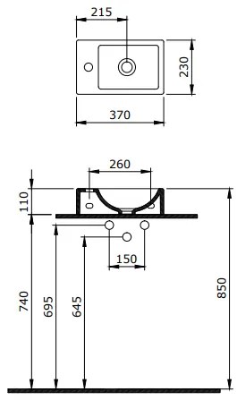 BOCCHI Milano Mini - Umyvátko bez přepadu, otvor na baterii vpravo, 370x230 mm, bílá lesklá