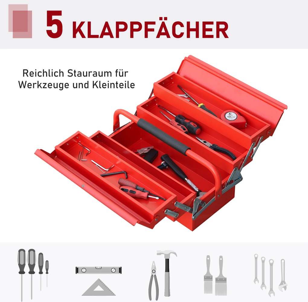 DURHAND kufr na nářadí s 5 přihrádkami na pantech z robustní oceli SPCC červený 45x22,5x34,5cm pro organizaci a přepravu