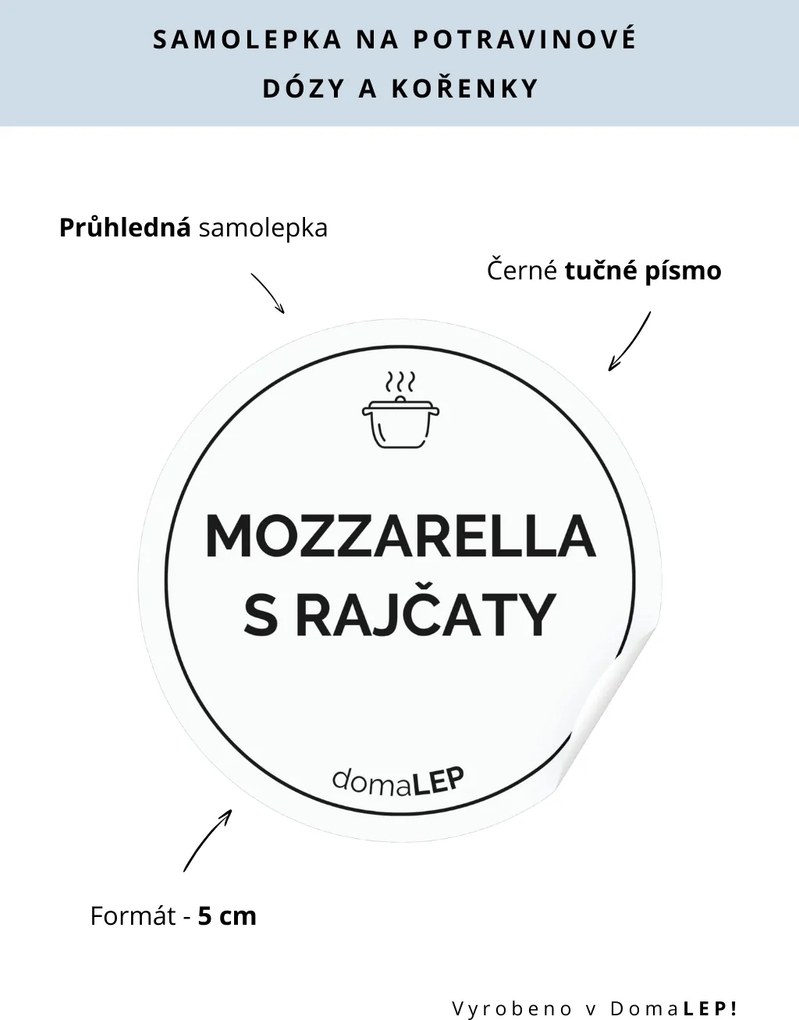 Samolepka na kořenky MOZZARELLA S RAJČATY průhledná 5 cm tučné písmo