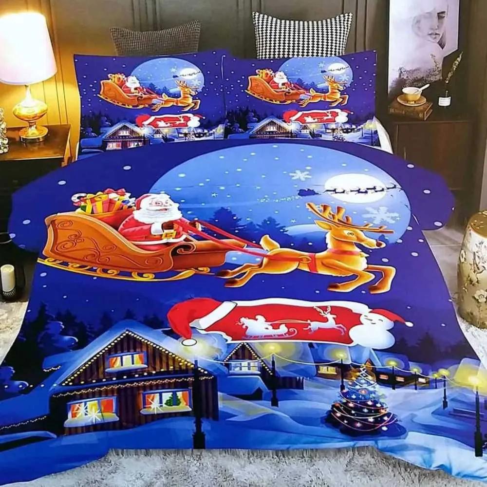 Vánoční 3D povlečení modré - Santa na saních