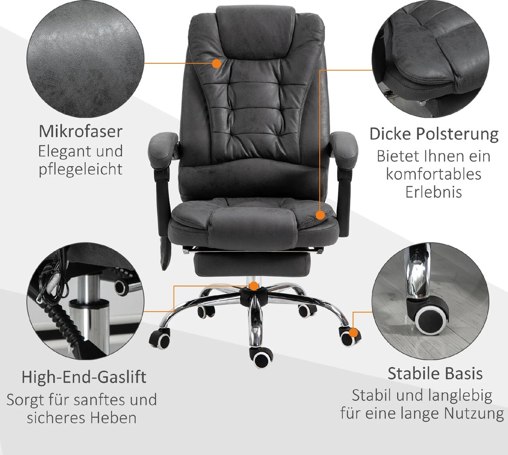 Kancelářská židle Vinsetto s masážní a vyhřívací funkcí, ergonomická, 6 masážních bodů, podnožka, dálkové ovládání, polyester, 65 x 160 x 104 cm, šedá