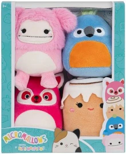 Squishmallows micromallows 4pack mýval, bigfoot, ara, skořicová rolka