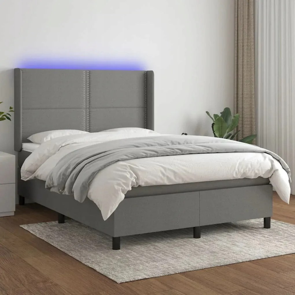 Box Spring Postel S Matrací A Led Textil Tmavě Šedá Hladké s hřebíky 140