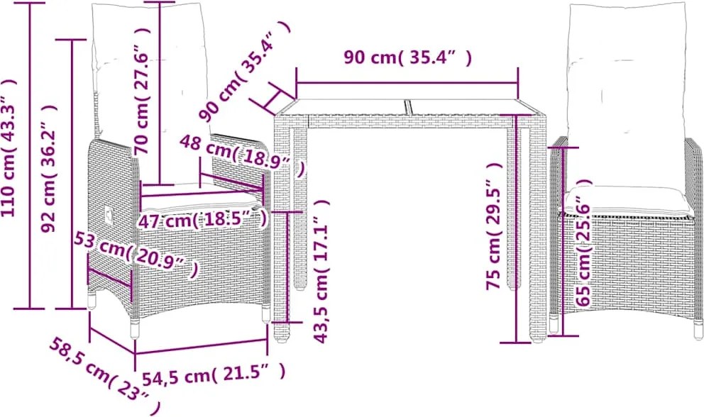 3dílný zahradní bistro set s poduškami šedý polyratan 3277031