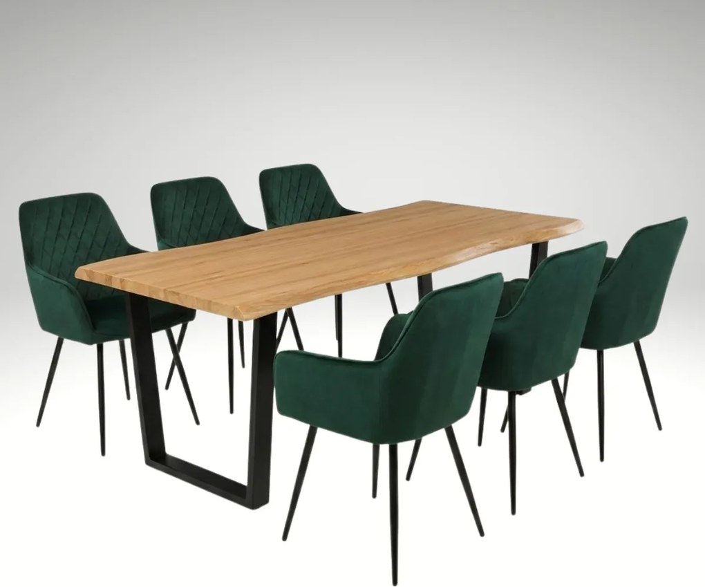 Vikio Jídelní set pro 6 osob 180x90 cm dub noha U zelená židle s područkami VJS168-6Z