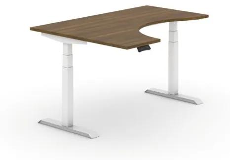 Výškově nastavitelný stůl, elektrický, 625-1275 mm, ergonomický levý, deska 1600x1200 mm, ořech, bílá podnož