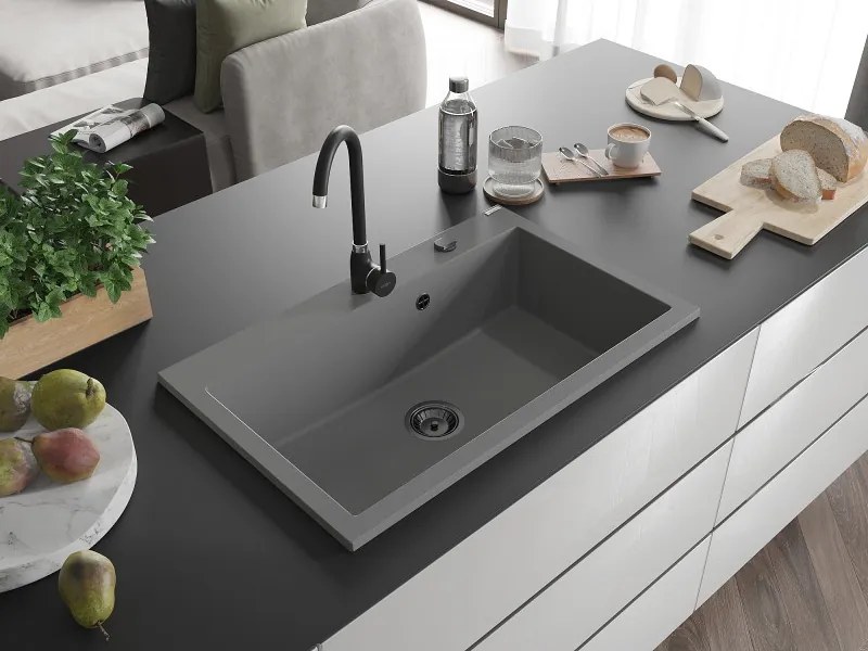 Mexen Elix, 1korový granitový dřez 800 x 500 mm, šedá, černý sifon, 6527801005-71-B