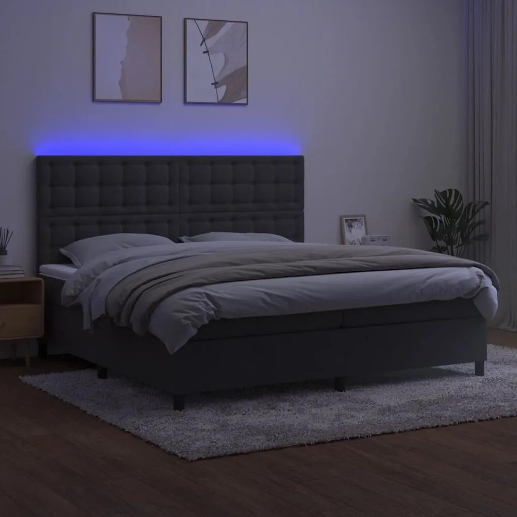 Box spring postel s matrací a LED tmavě šedá 200x200 cm samet,  3136384