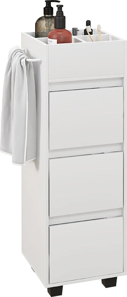 HOMCOM Koupelnová skříňka se skladovacím prostorem a 4 přihrádkami nahoře, 3 šuplíky a držákem na ručníky pro úzké prostory, 35 x 30 x 90cm, Bílá