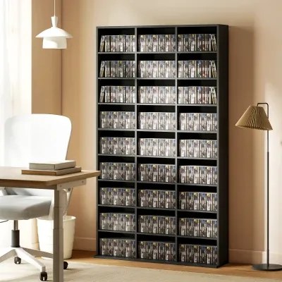 HOMCOM CD nábytek s 9 policemi a 21 přihrádkami, regál pro 835 CD/500 DVD/640 Blu-ray, úsporný prostor, 100x24x175 cm, černý