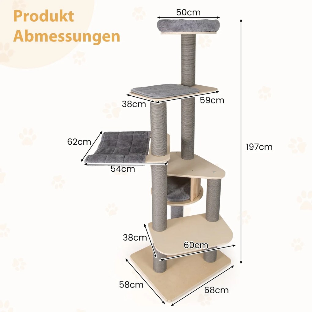 Costway 197 cm kočičí věž vícepatrový kočičí strom s polstrovaným horním