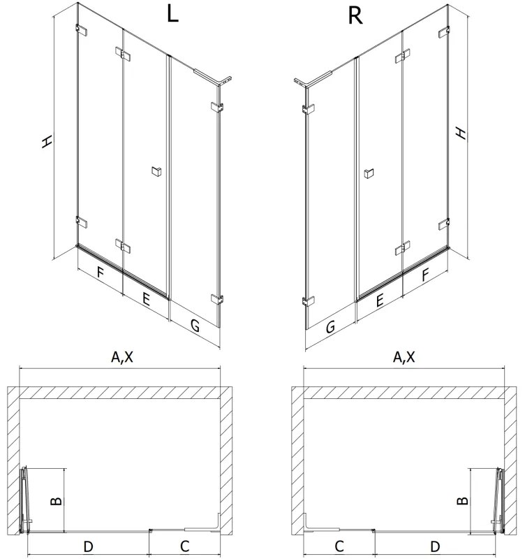 Mexen Lunar-F, L skládací levé sprchové dveře 120 cm, 8mm čiré sklo, bílý profil, 836SL-120-050-20-00-L