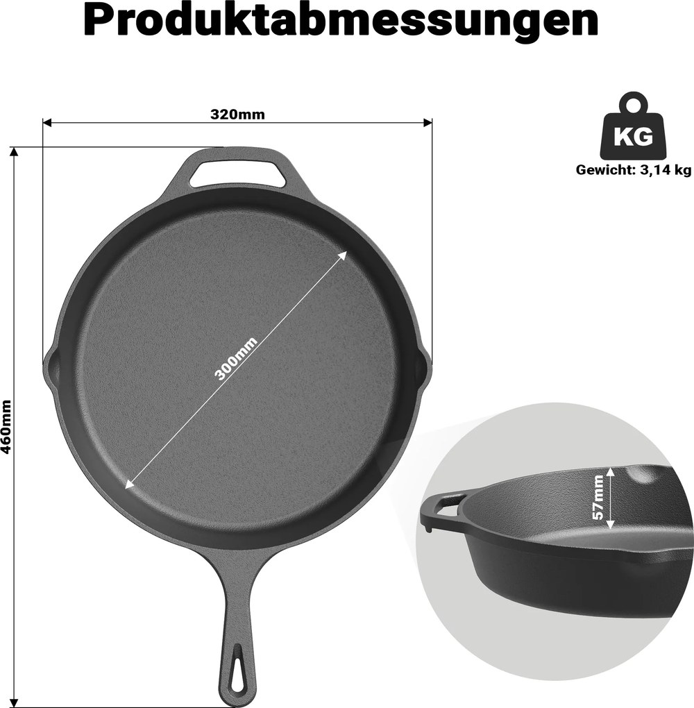 Litinová pánev Wiltec – 30 cm, černá (62957)