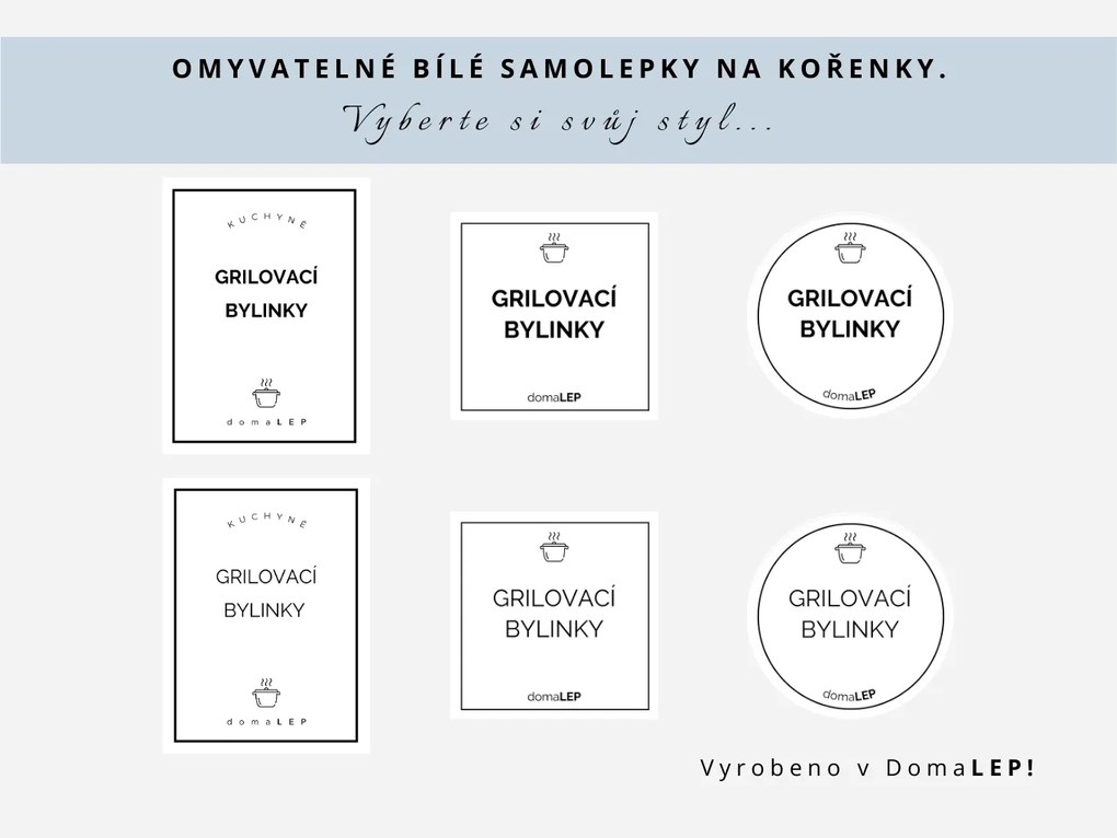 GRILOVACÍ BYLINKY - omyvatelná samolepka na kořenky, výběr rozměrů Ø 5 cm / 5 x 5 cm / 6 x 8 cm | DomaLEP tvar: KOLEČKO, barva: BÍLÁ - ČERNÉ písmo, velikost: Ø 5 cm - základní písmo