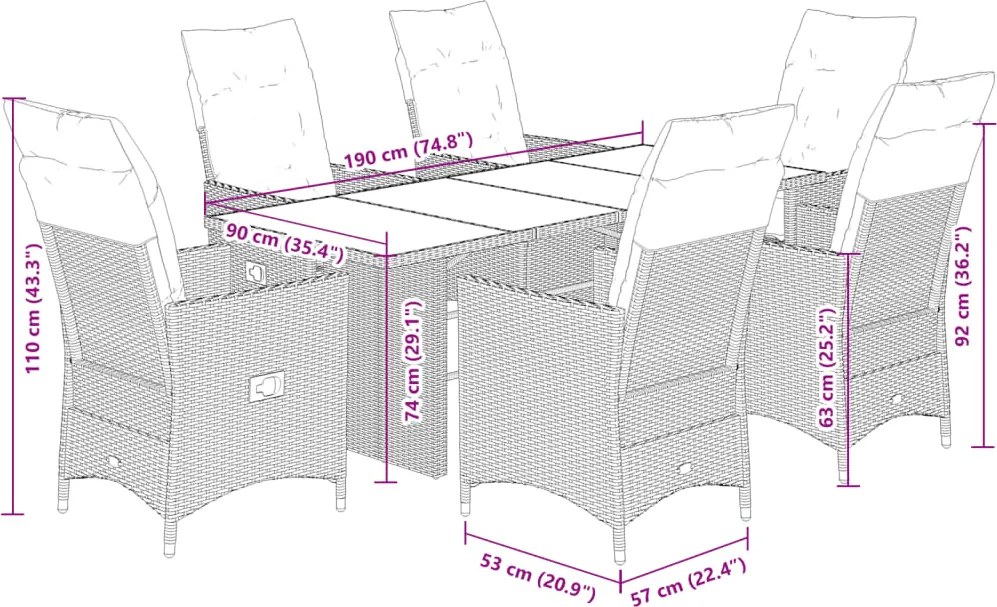 7dílný zahradní jídelní set s poduškami šedý polyratan 3276732
