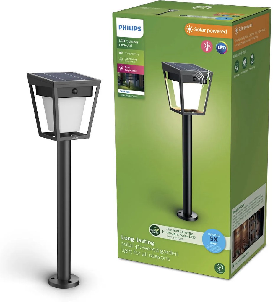 Philips nissa solární led sloupek s pohybovým senzorem 1,8 w, 250/25 lm, 3000 k, ip44, černý