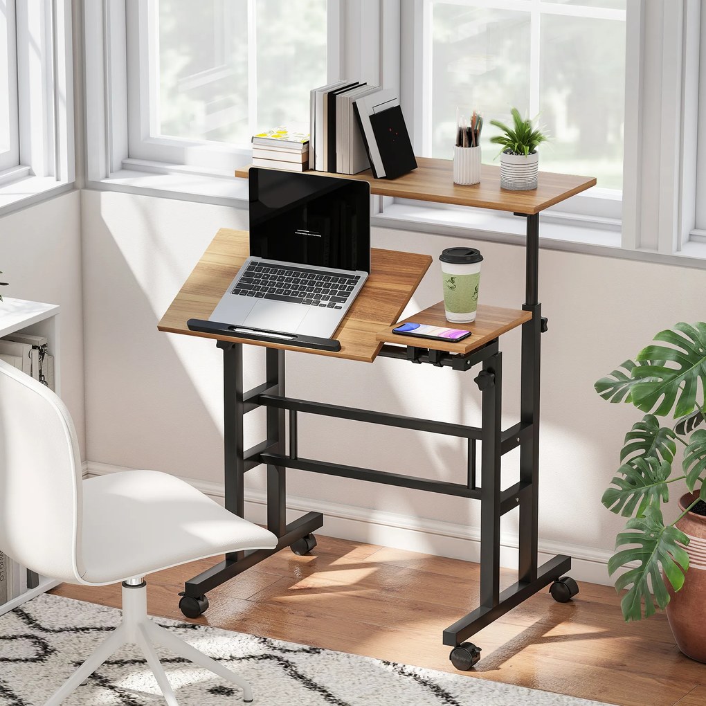 HOMCOM sedací‑stojací stůl 70 x 60 cm – výškově nastavitelný, s kolečky a naklápěcí deskou stolu, hnědý