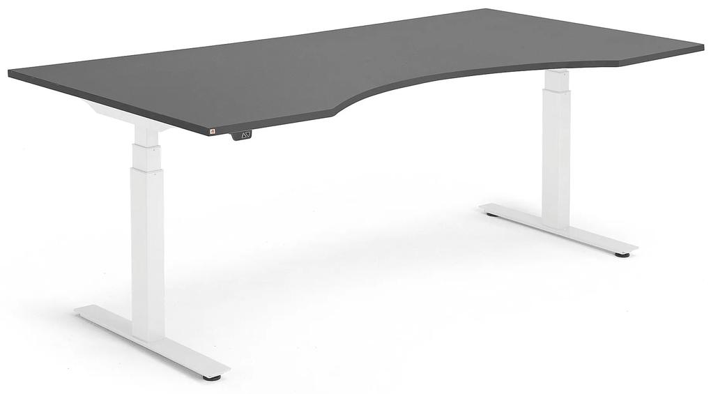 AJ Produkty Výškově nastavitelný stůl MODULUS, vykrojený, 2000x1000 mm, bílý rám, černá