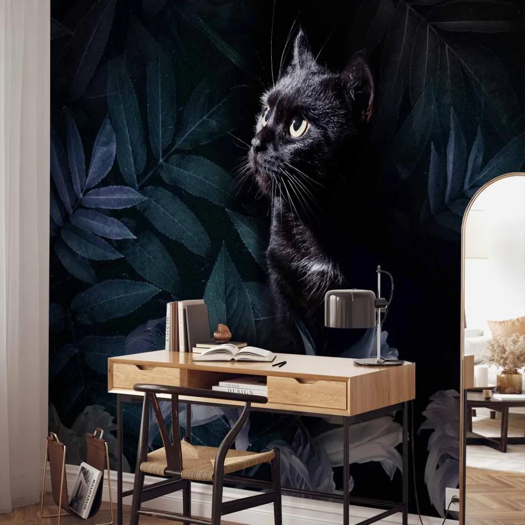 Fototapeta Motiv zvířat - černá kočka obklopená modrými listy a květy