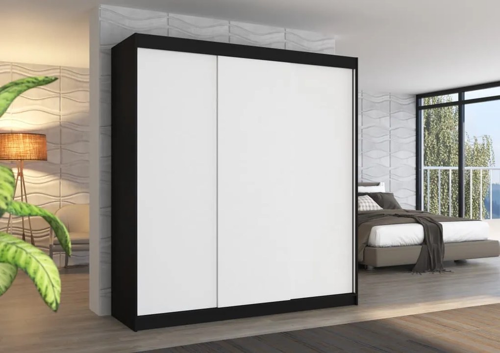 Šatní skříň s posuvnými dveřmi Megan - 200 cm Barva: Černá/Bílá