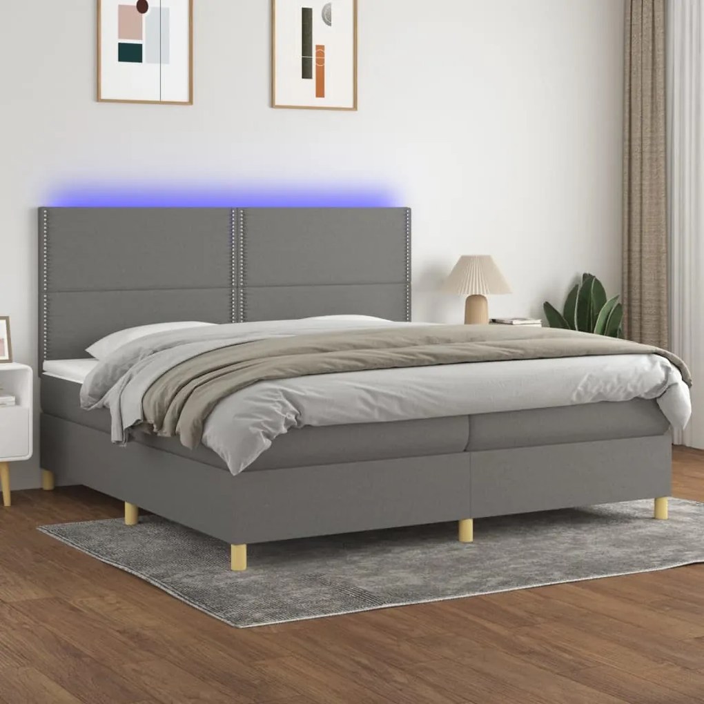 Box spring postel s matrací a LED tmavě šedá 200x200 cm textil