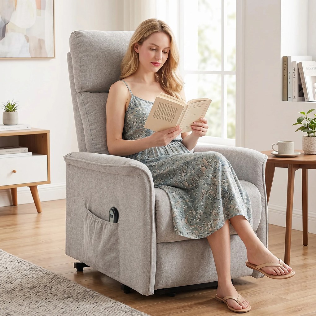 HOMCOM Elektrické křeslo s vybavením na vstávání, elektrické relaxační křeslo z chenillu se sedákovou pružinou, nastavitelná opěrka zad, světle šedá