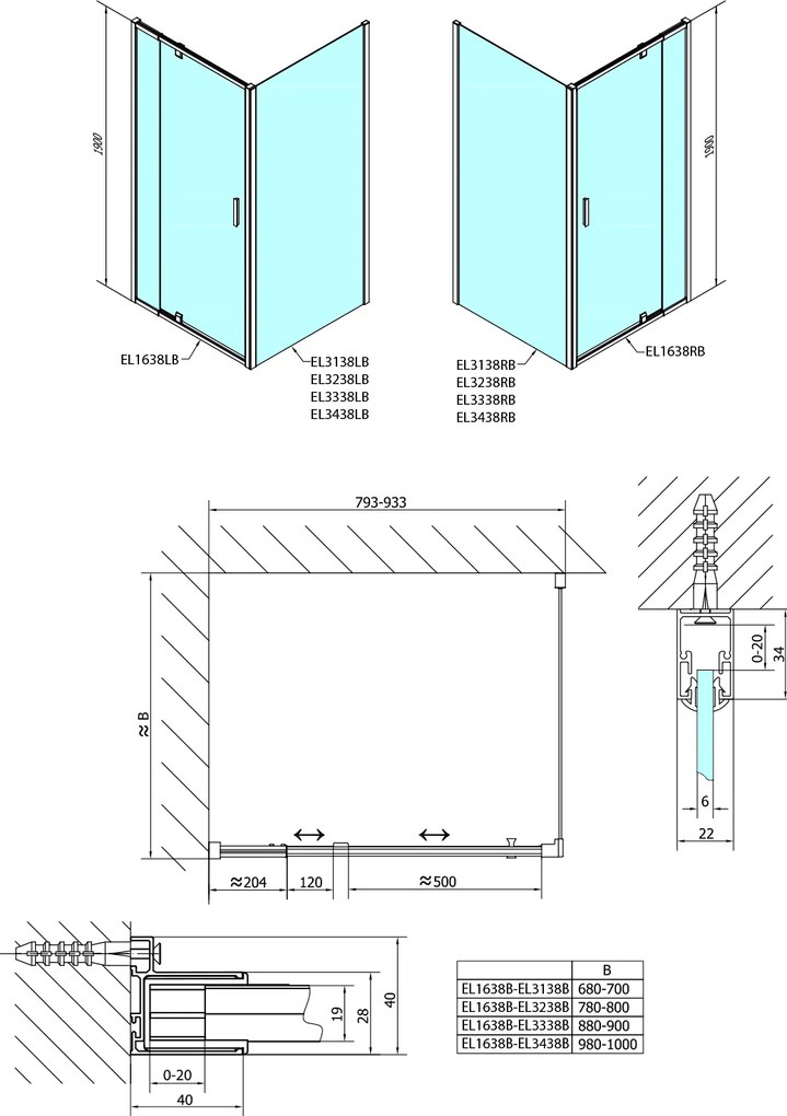 Polysan Polysan, EASY BLACK otočné sprchové dveře 760-900mm, sklo Brick, EL1638B