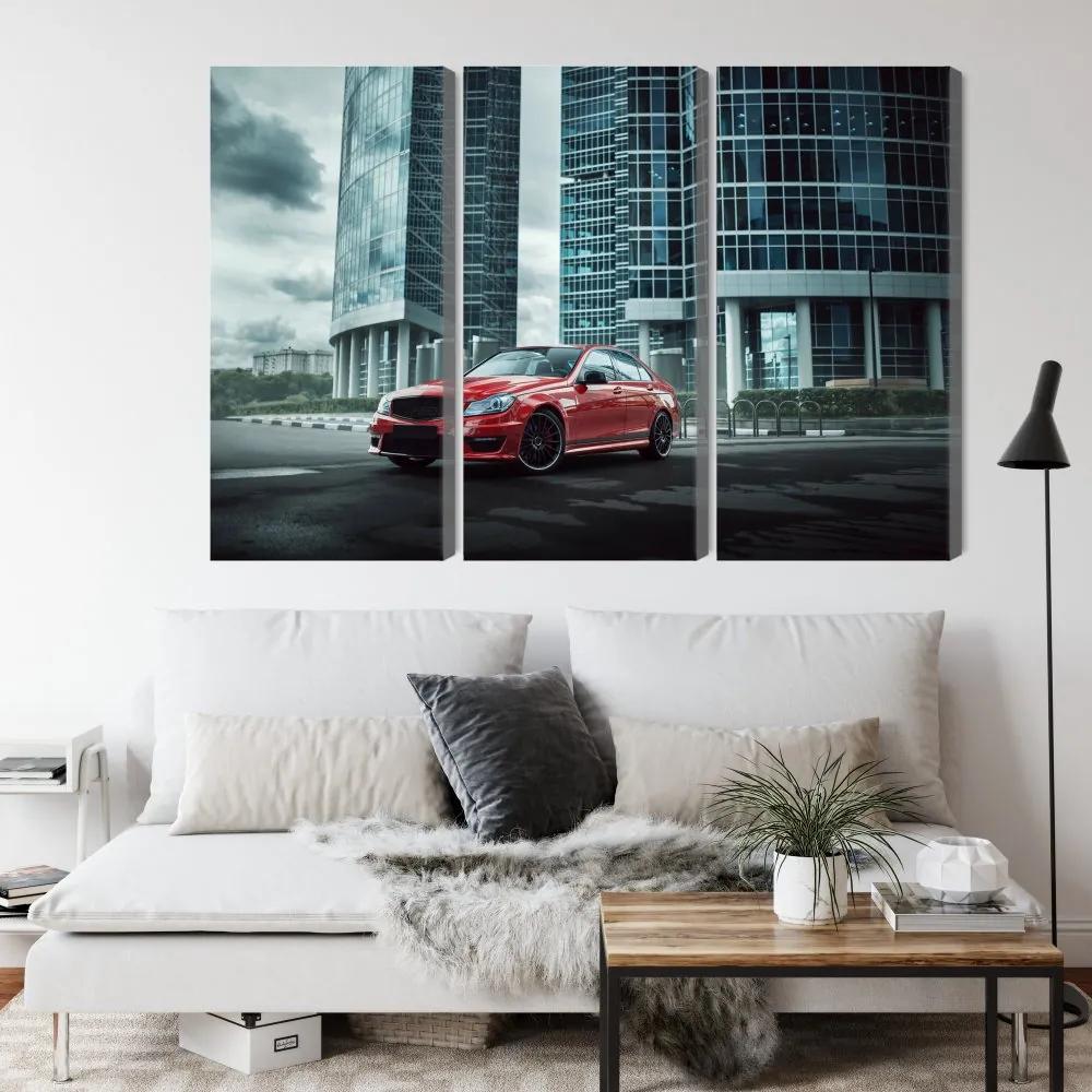 Vícedílný obraz Červené Auto Na Pozadí Moderních Mrakodrapů Nedostatek Nedostatek Přírodní plátno 120x80