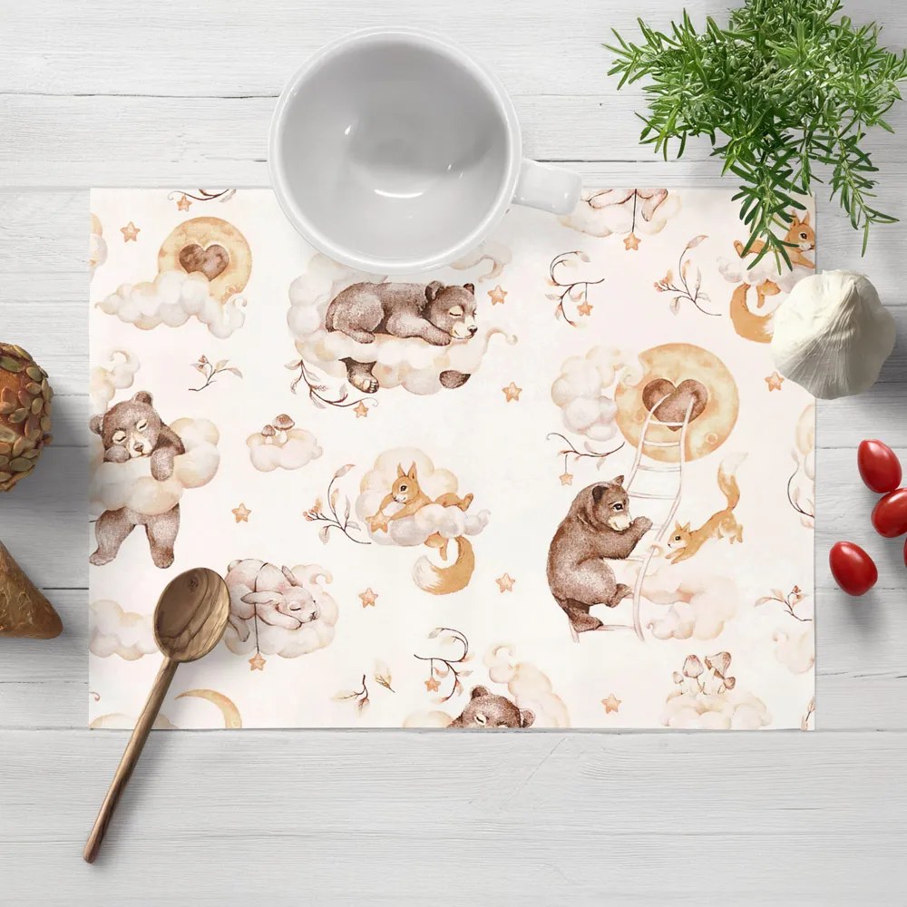Biante Dětské bavlněné prostírání na stůl Sandra SA-456 Medvídci zajíčci a veverky v oblacích na bílém 30x40 cm