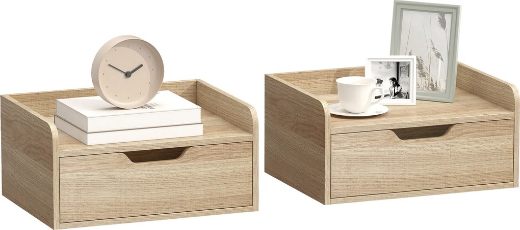 HOMCOM set 2 nástěnných nočních stolků, závěsné noční stolky s 1 zásuvkou do ložnice, 40x30x19,5 cm, přírodní