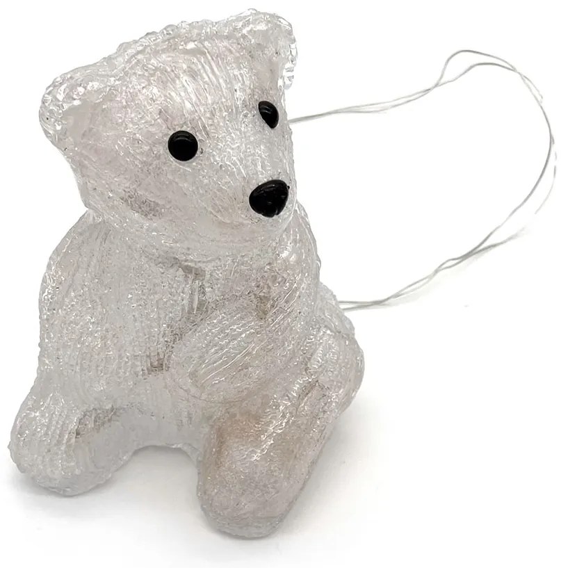 3D LED svítící medvěd sedící na baterie, 16 diod, s časovačem, 18 × 13 cm, ledově bílá, hliník, IP44 venkovní