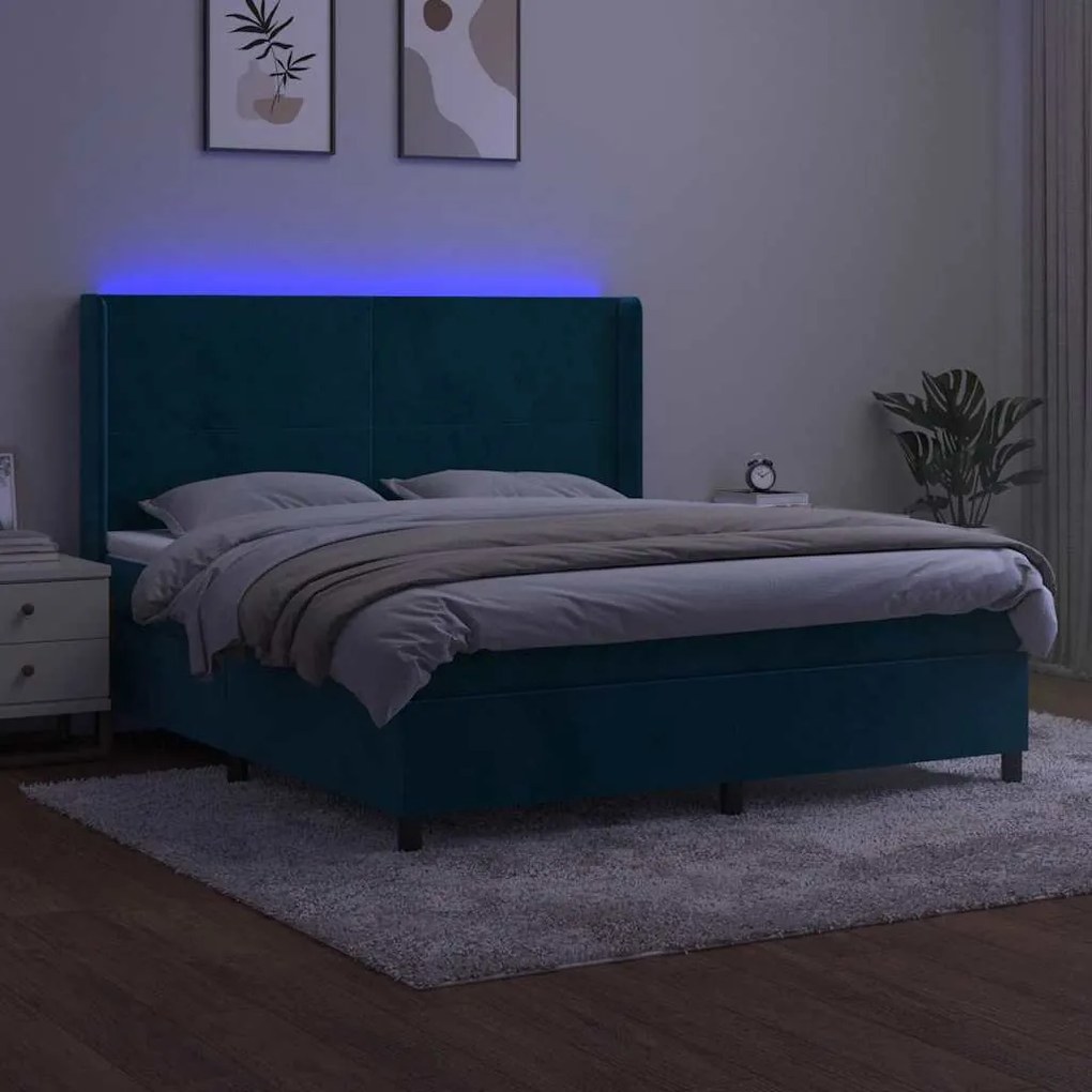 Box spring postel s matrací a LED tmavě modrá 160x200 cm samet 3139455