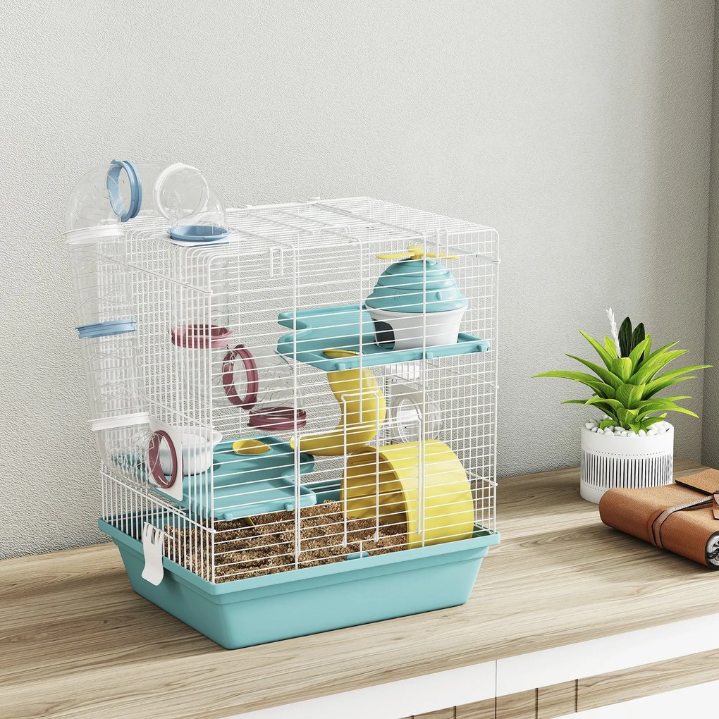 PawHut 3patrová klec pro křečky s kolem, tunely, úkrytem a miskou — pro zakrslé křečky a pískomily, 34,5 × 27,5 × 41 cm, modrá