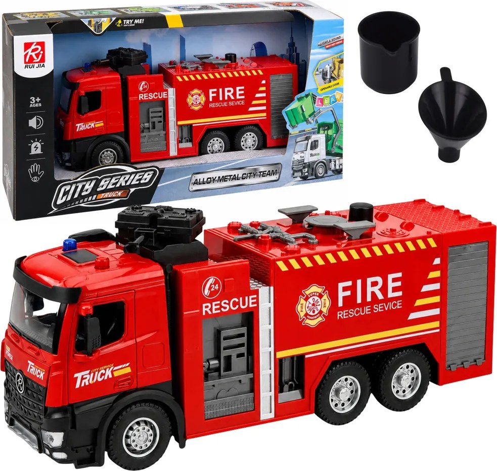 LEAN Toys Hasičské auto s funkcí stříkání vody, kovová kabina, světla, zvuky, měřítko 1:12