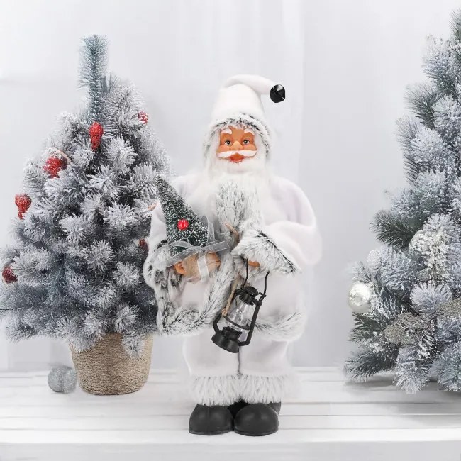 Vánoční dekorace Santa Claus s lucernou bílá / šedá 30 cm