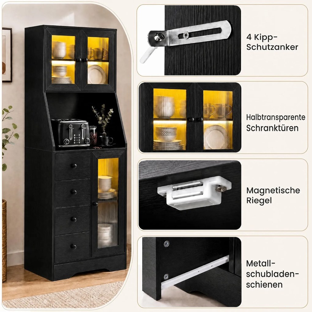 Costway 163 cm dřevěná kuchyňská skříň bufetová s pracovní deskou LED osvětlením