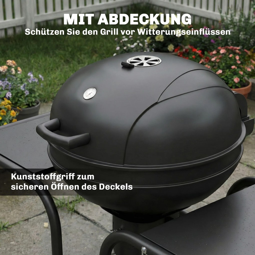 Outsunny Gril na dřevěné uhlí BBQ Udírna s postranními stolky Víko Teploměr Kolečka 129 x 63,5 x 106,5 cm