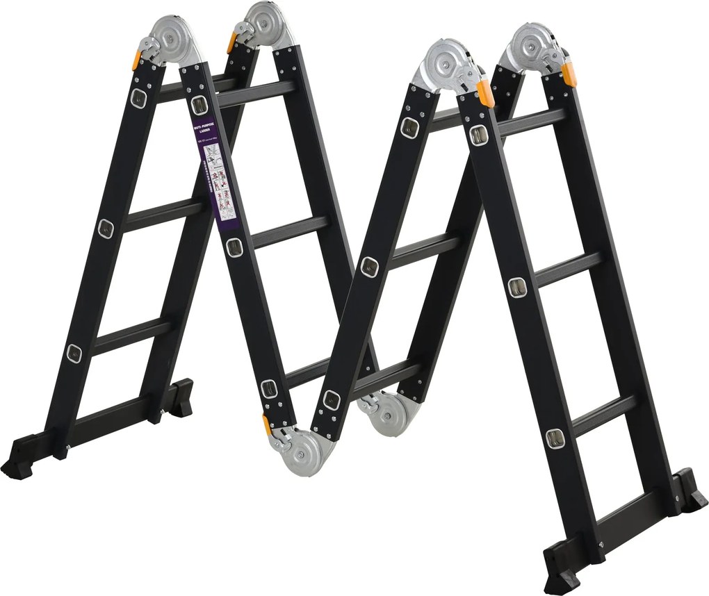 DURHAND Multifunkční skládací žebřík 5 v 1 přenosný s 2 platformami protiskluzové nohy hliníkové závěsy 150 kg 370x61x11 cm Černá | Aosom