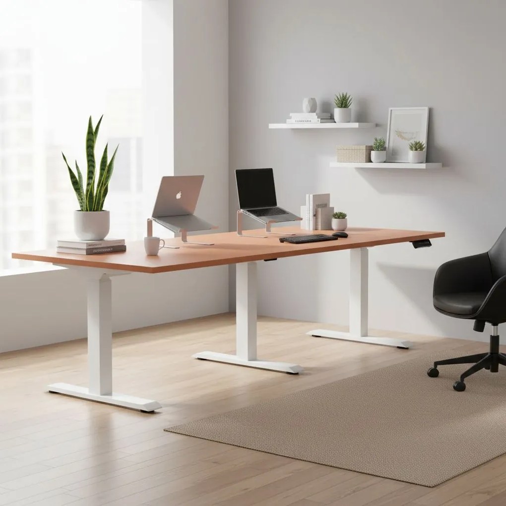 Výškově nastavitelný stůl OfficeTech Long, 240 x 80 cm, bílá podnož, třešeň