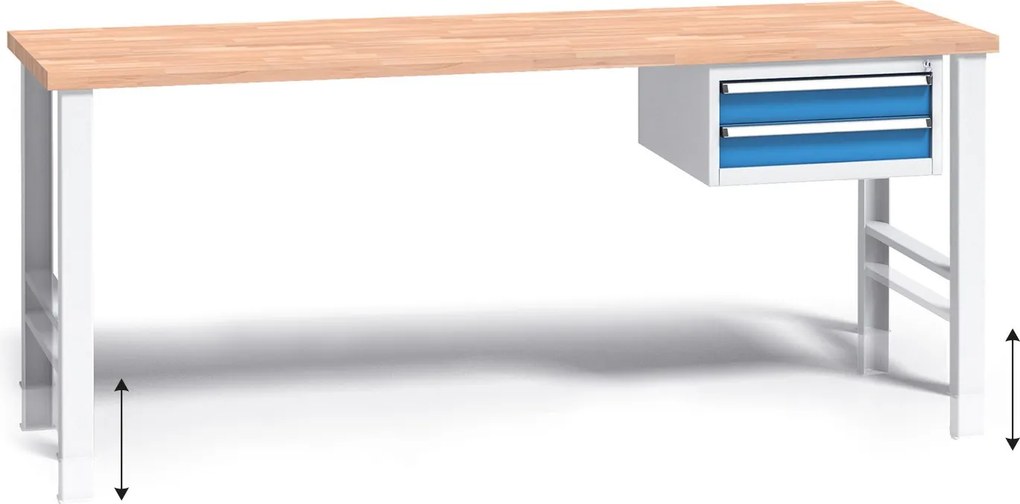 Výškově nastavitelný pracovní stůl do dílny G3 se závěsným boxem na nářadí, buková spárovka, 2 zásuvky, 2000 x 685 x 840 - 1050 mm, modrá